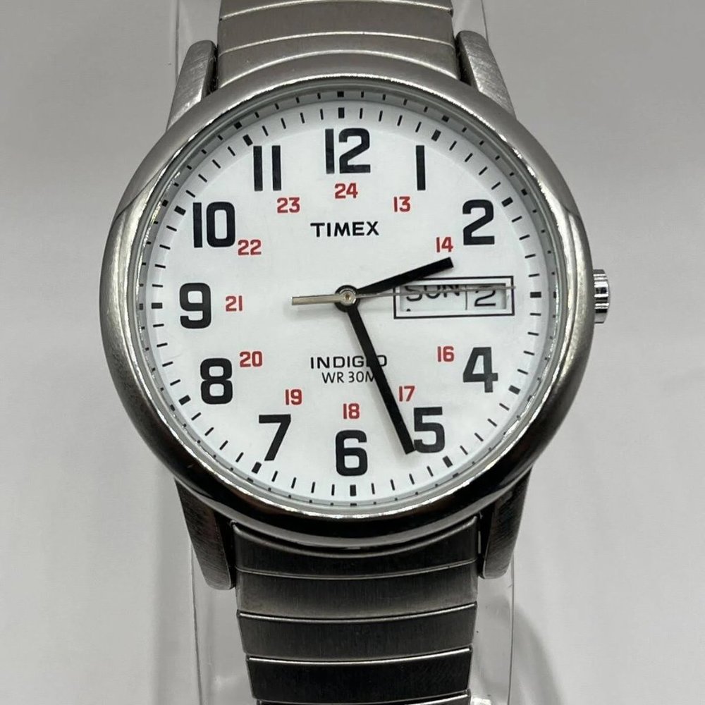 Timex Indiglo Wr 30 Men's Silver Tone Day Date Watch - Gem
